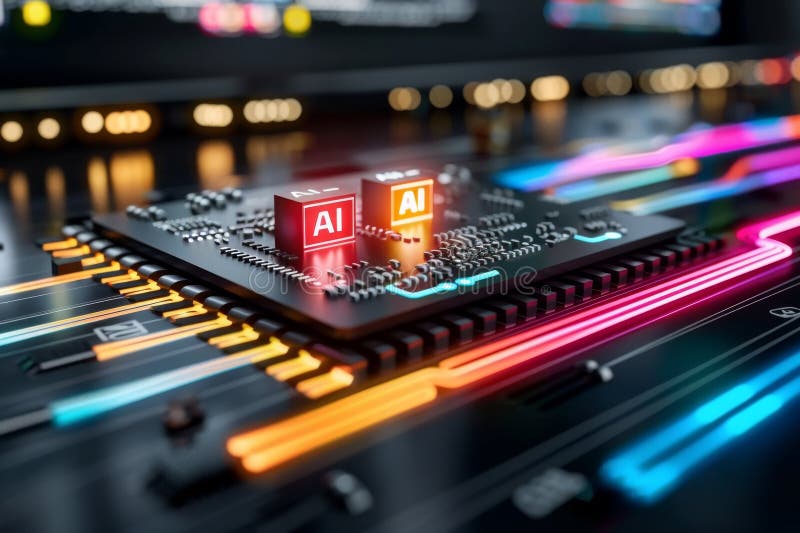 High Tech AI Microchip in Vibrant Circuitry, Illustrating Advanced ... High Tech AI Microchip in Vibrant Circuitry, Illustrating Advanced ...