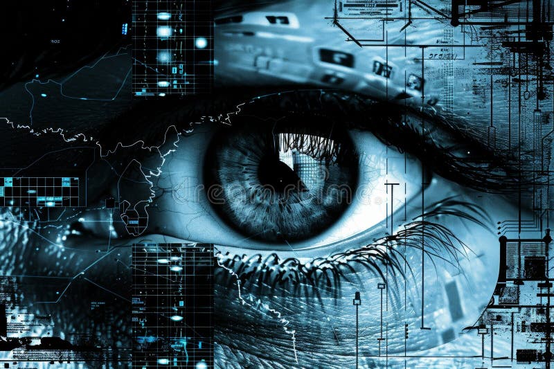 High Tech Monochrome Eye with Digital Overlay and Data Streams ...