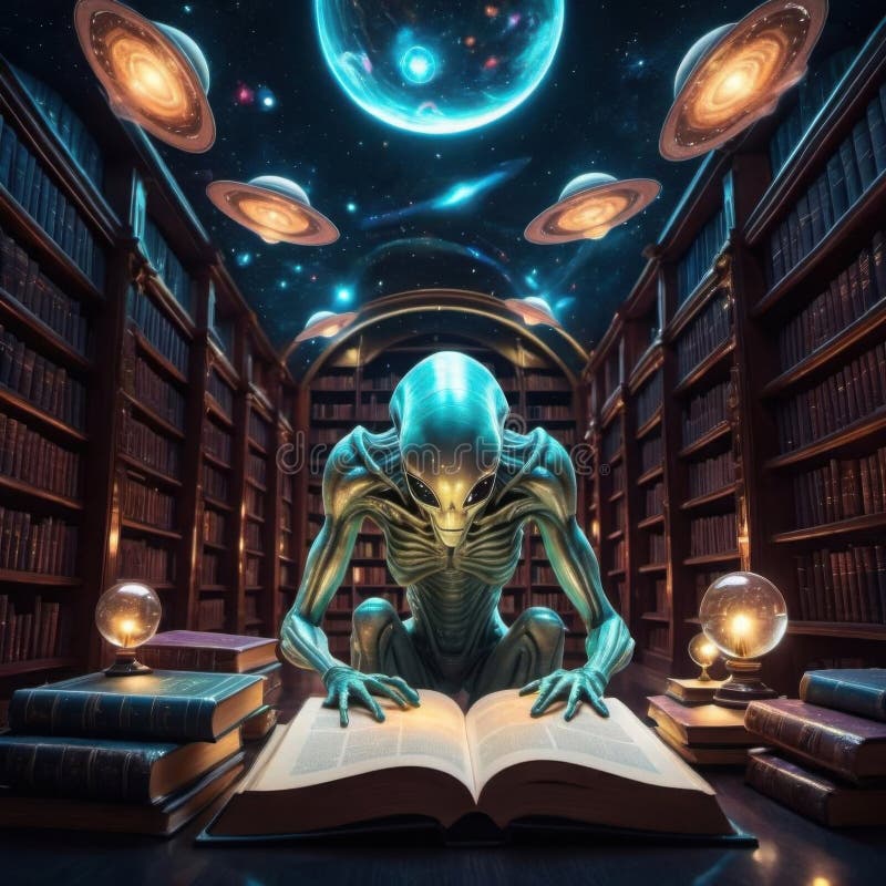 AI-Generated Mysterious Alien Scholar Studying Ancient Books in a ...