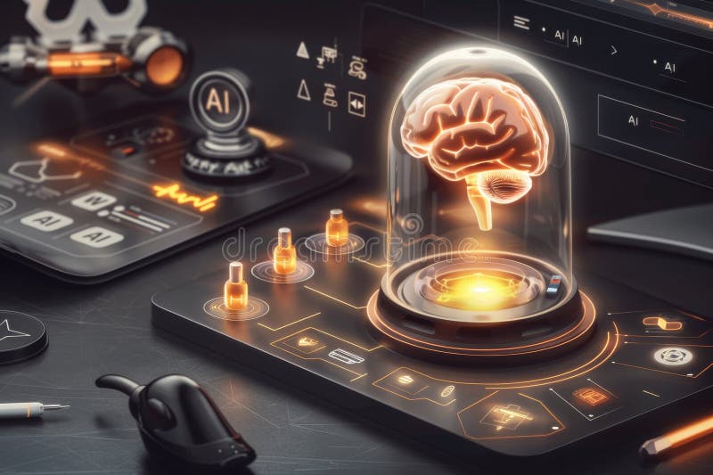 Holographic AI Brain on Control Panel, Advanced Artificial Intelligence ...
