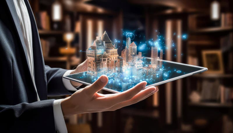 AI-Generated Holographic Cityscape on Tablet Represents Real Estate ...