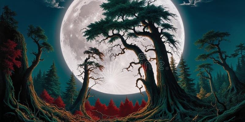 Horror Forest at Night with Full Moon in the Sky. Stock Photo - Image ...