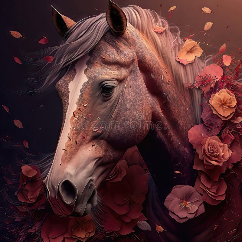AI Generated Horse Portrait with Red Rose Petals Stock Illustration ...