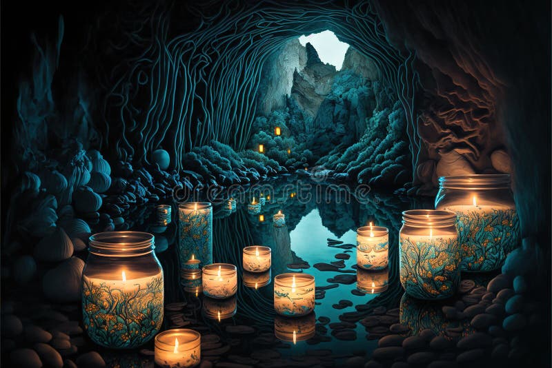 A Huge Underground Landscape, Many Tunnels and Rivers, Candles by AI ...