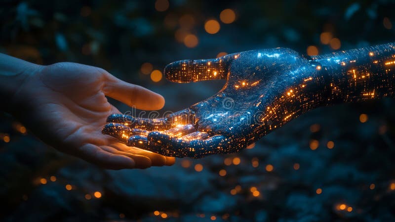 AI Generated. a Human Hand Meeting a Robotic Hand, Depicting the ...
