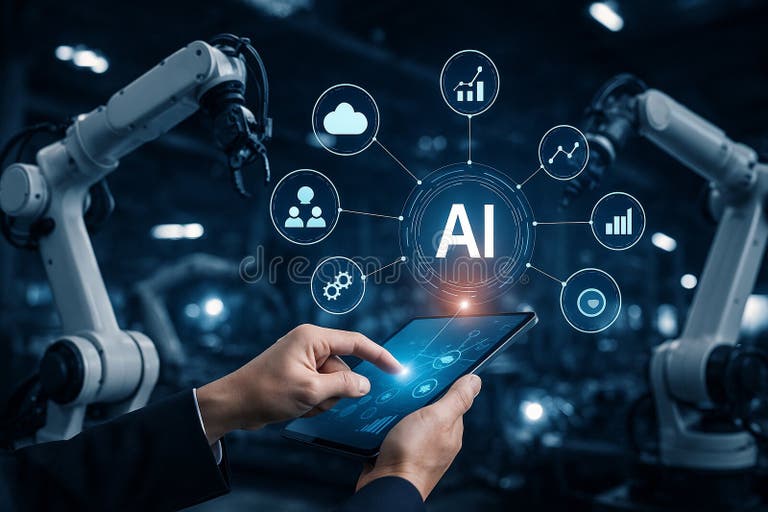 AI Generated Human Operator Using Tablet To Control Robotic Arms in ...