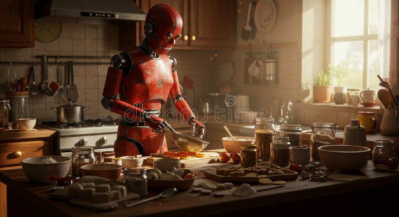 AI-generated Humanoid Robot Cooking in a Cozy Kitchen Filled with ...