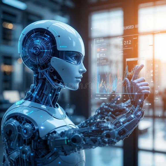 Ai Generated Humanoid Robot Interacts with a Transparent Digital Interface Displaying Graphs and ...