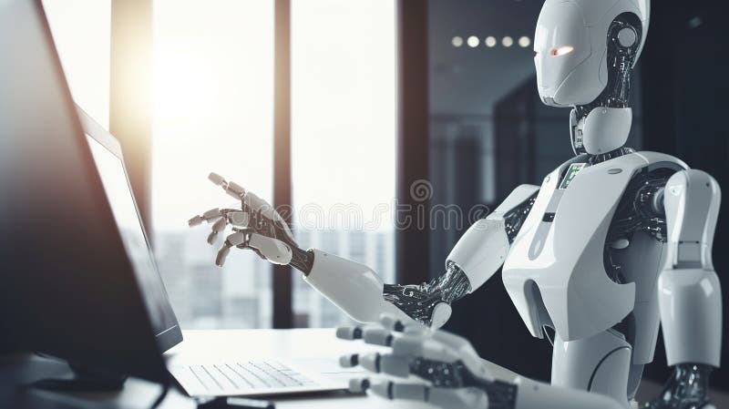 Ai-generated Humanoid Robot Working on Laptop Computer in Modern Office ... Ai-generated Humanoid Robot Working on Laptop Computer in Modern Office ...