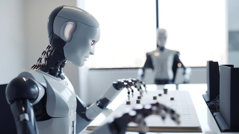 Ai-generated Humanoid Robot Working on Laptop Computer in Modern Office ... Ai-generated Humanoid Robot Working on Laptop Computer in Modern Office ...