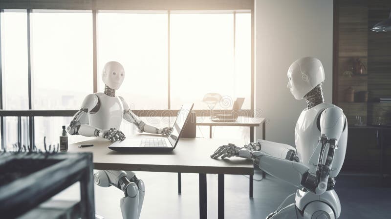 Ai-generated Humanoid Robot Working on Laptop Computer in Modern Office ... Ai-generated Humanoid Robot Working on Laptop Computer in Modern Office ...