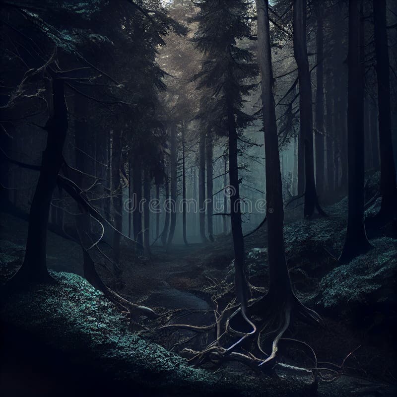 AI Generated Hyper-realistic Illustration of Dark Forest with Pine ...