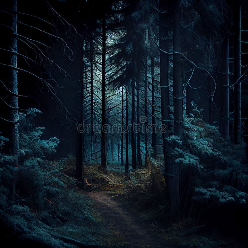 AI Generated Hyper-realistic Illustration of Dark Forest with Pine ...