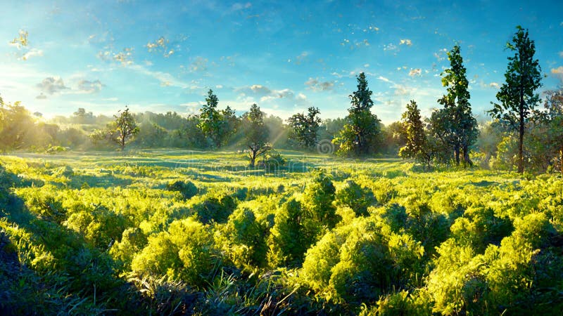 AI Generated Hyper-realistic Illustration of an Evergreen Field Under a ...