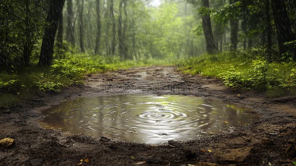 Rain Falling on Muddy Forest Trail with Puddle and Green Vegetation ...