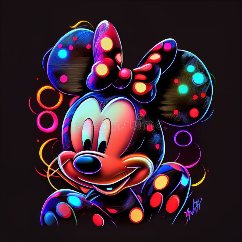 Minnie Mouse Ultra Hd Neon Colors Black Background Made With Generative Ai Stock