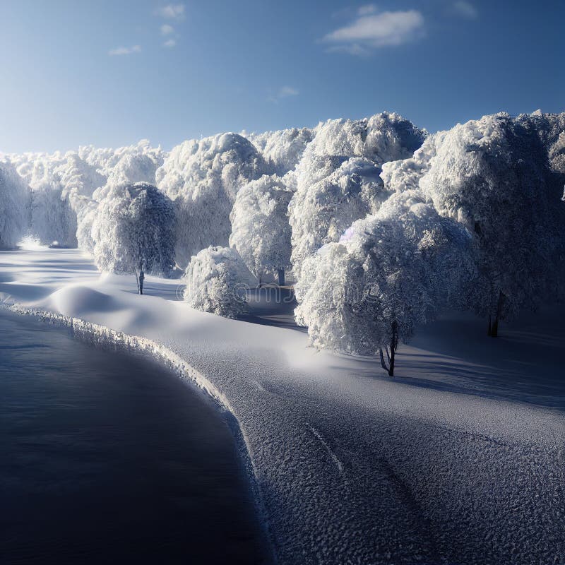 AI Generated Hyper-realistic Winter Park with a River and Snow-white ...