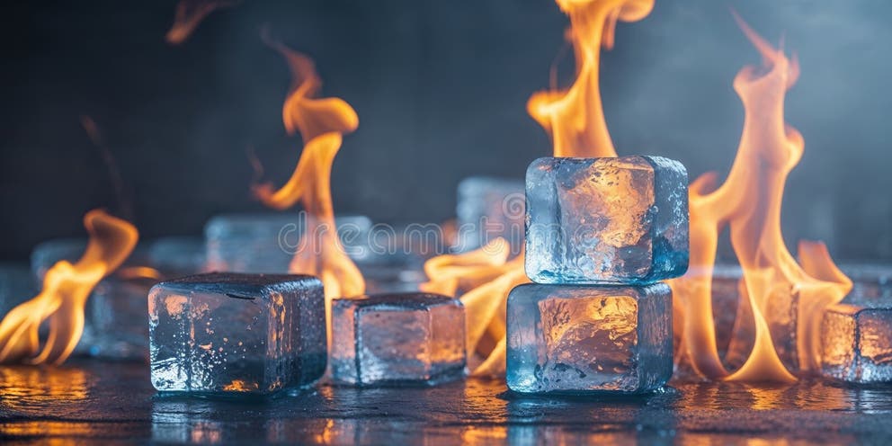 Ice and Fire Conceptual Background with Flames and Ice Cubes for Visual ...