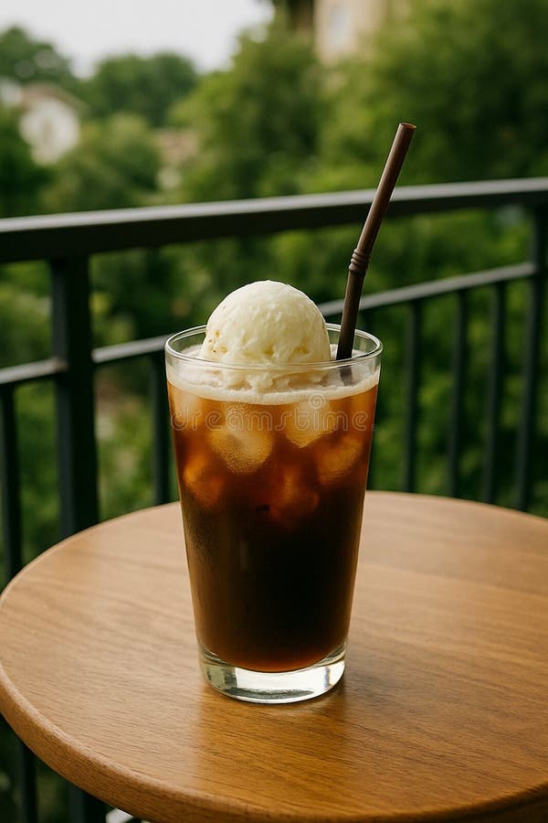 AI Generated Iced Coffee Float with Vanilla Ice Cream on Balcony Table Stock Image - Image of ...