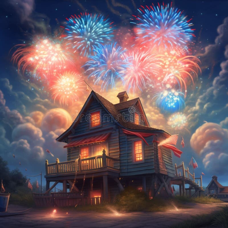 AI Generated Illuminated Night Sky with Vibrant Firework Over House ...