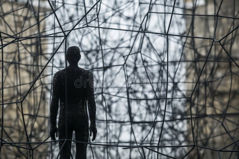 Abstract Sculpture of a Human Figure Surrounded by Intricate Wireframe ...