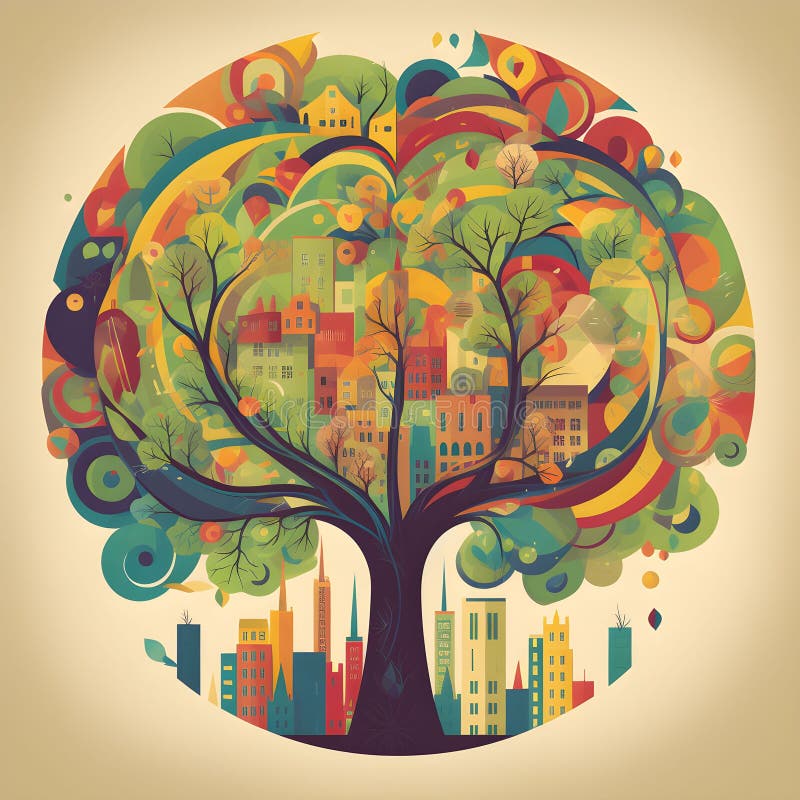 AI Generated Illustration of an Abstract Tree with Buildings As Foliage ...