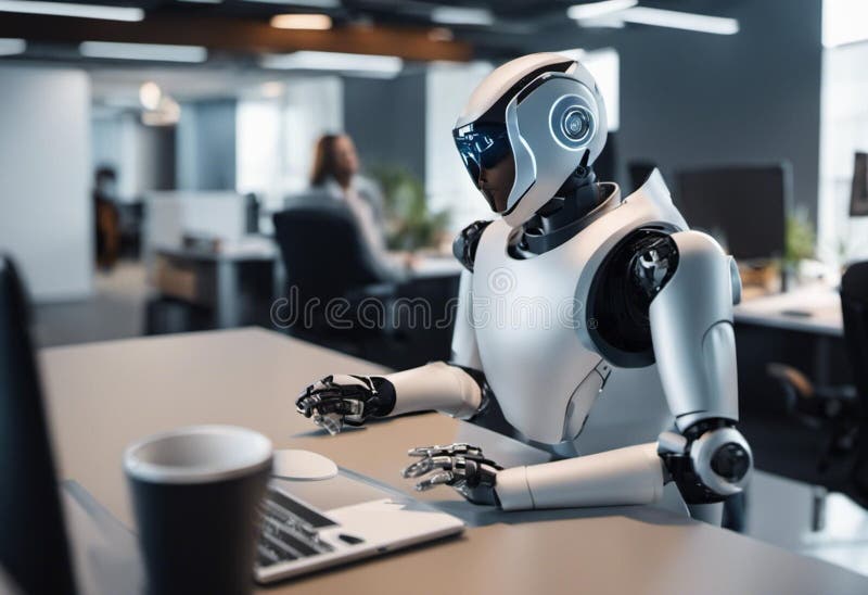 AI Generated Illustration of an Advanced Humanoid Robot Sitting at a ...