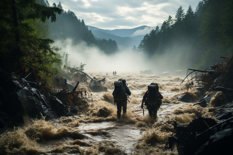 AI Generated Illustration of Adventurers Traversing a Rugged Landscape ...