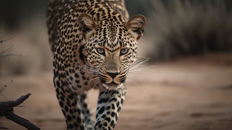 A Leopard Walks Along in a Desert Area, Towards the Camera Stock ...