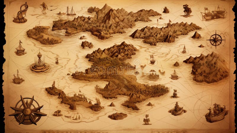 AI Generated Illustration of an Aged, Detailed Map of Remote Islands ...