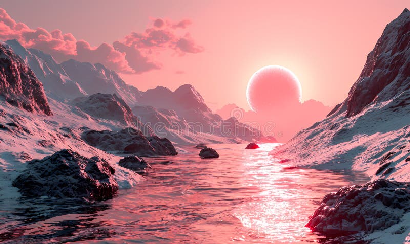 An Alien Landscape with Two Planets and the Sun Setting Behind Them ...