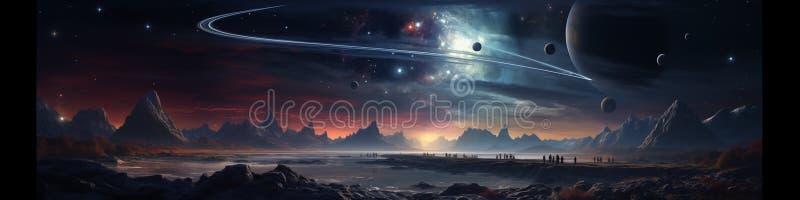 AI Generated Illustration of an Alien Planet with Immense Rings, Nebula ...