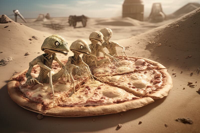 AI Generated Illustration of Aliens Perched on a Large Pizza in a Sandy ...
