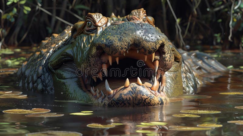 AI Generated Illustration of an Alligator with Open Jaws Lying in Water ...