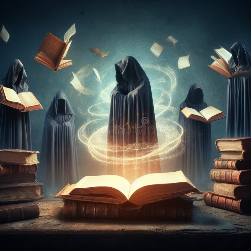 Illustration of Ancient Books with Mysterious Cloaks and Levitating, As ...