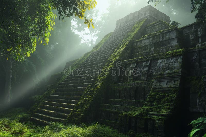 AI-generated Illustration of Ancient Stone Pyramid Covered in Moss in a ...