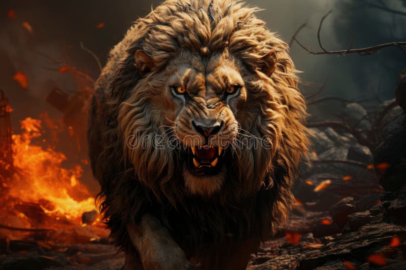 AI Generated Illustration of an Angry Lion in Front of Fire Flames ...