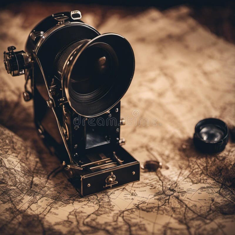 AI Generated Illustration of an Antique Camera Placed on Top of a Map ...
