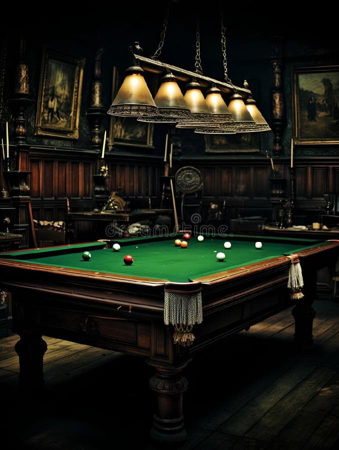 An Old Fashioned Pool Table and Lamp in a Library Setting Stock ...