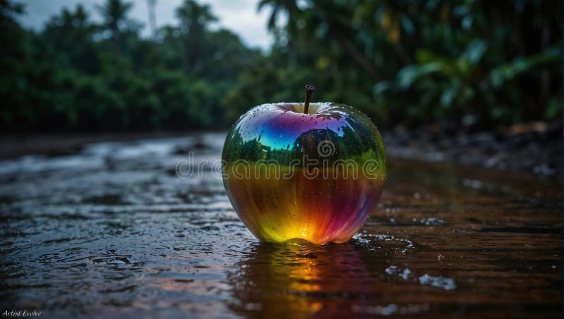 An Apple with Water in the Background and Jungle Surrounding it Stock ...