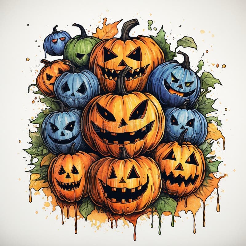 AI Generated Illustration of an Array of Halloween Pumpkins Arranged in ...