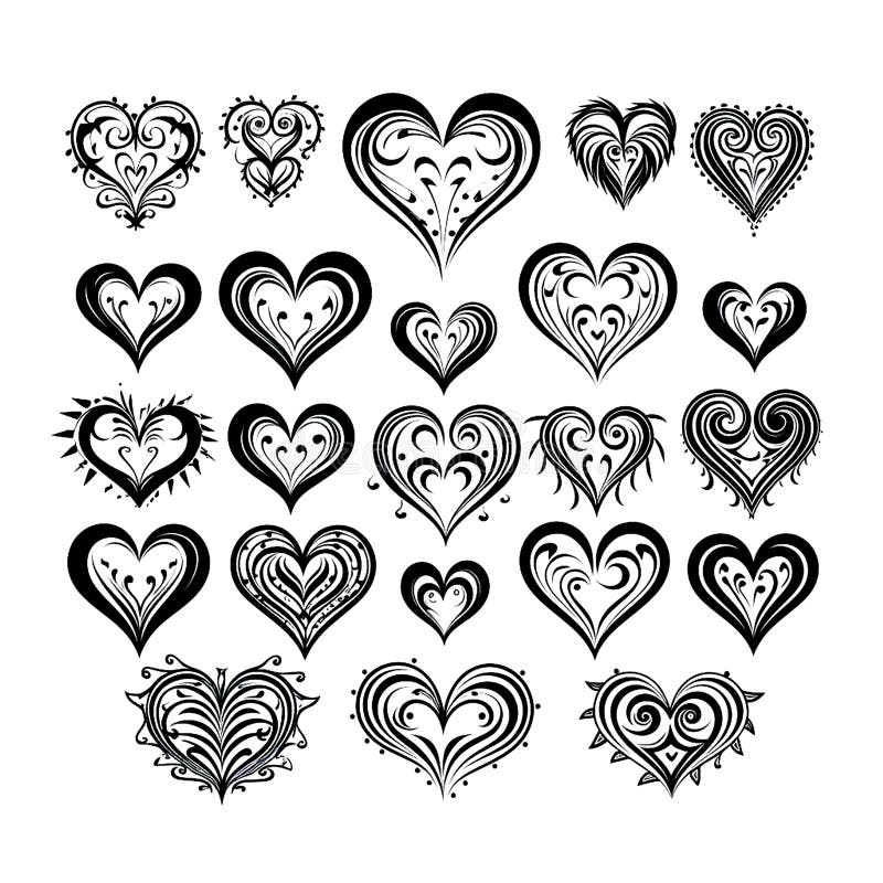 AI Generated Illustration of an Array of Heart Designs in Black Ink on ...