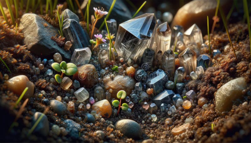 Many Different Crystal Pieces are Scattered on Some Sand with Moss ...