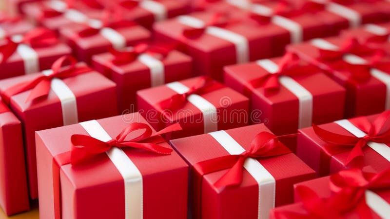 AI Generated Illustration of an Array of Red Gift Boxes with Festive ...