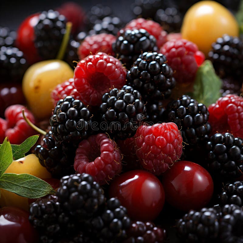 AI Generated Illustration of an Array of Ripe Berries and Green Leaves ...