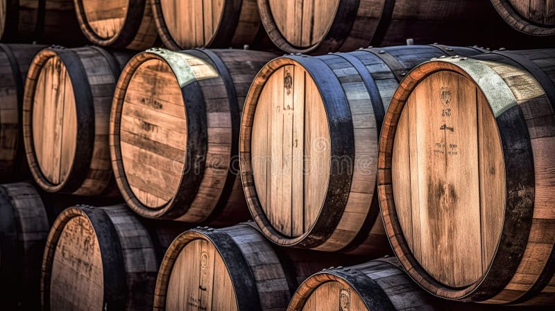AI Generated Illustration of an Array of Wooden Wine Barrels Stacked in ...