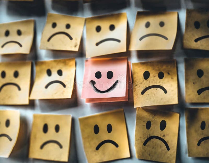 AI Generated Illustration of an Array of Yellow Paper Notes with a Sad ...