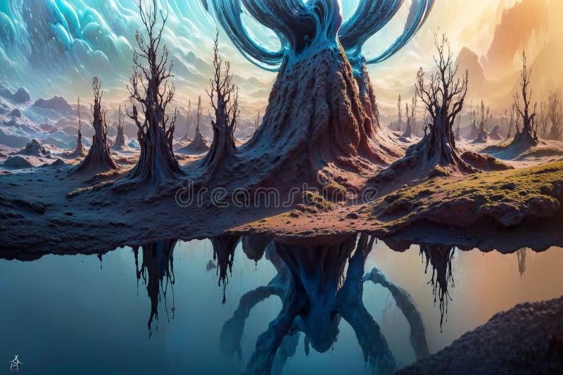 An Art Deco Featuring a Strange Looking Tree in a Surreal Scene Stock ...