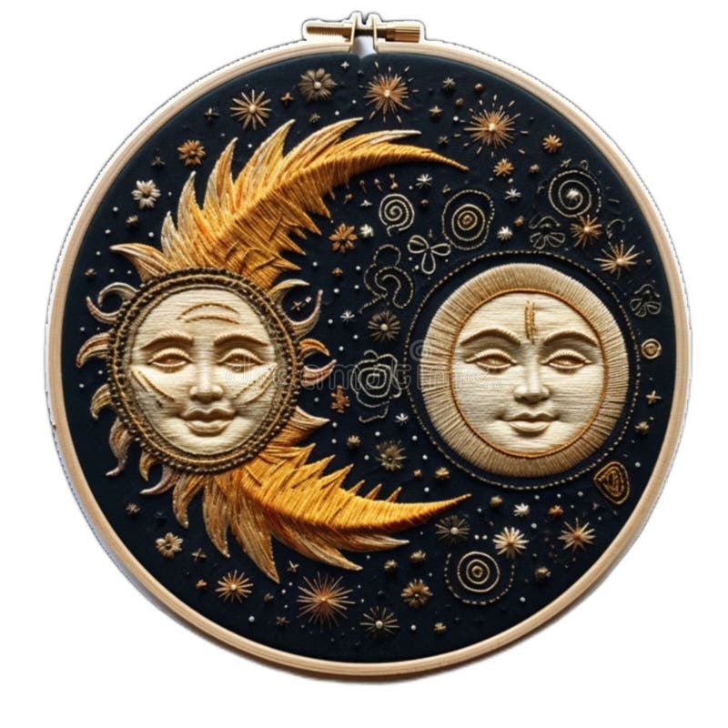 Two Embroidered Sun and Moon Faces are Hanging on the Wall Stock ...