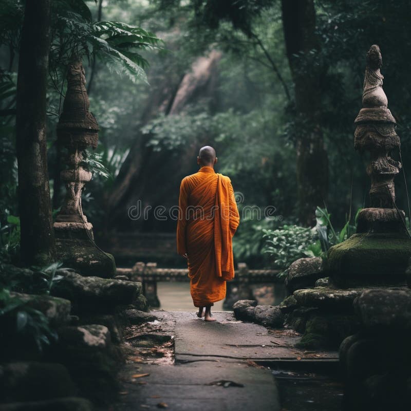 A Monk Walking Down a Pathway among the Trees in an Asian Style Stock ...